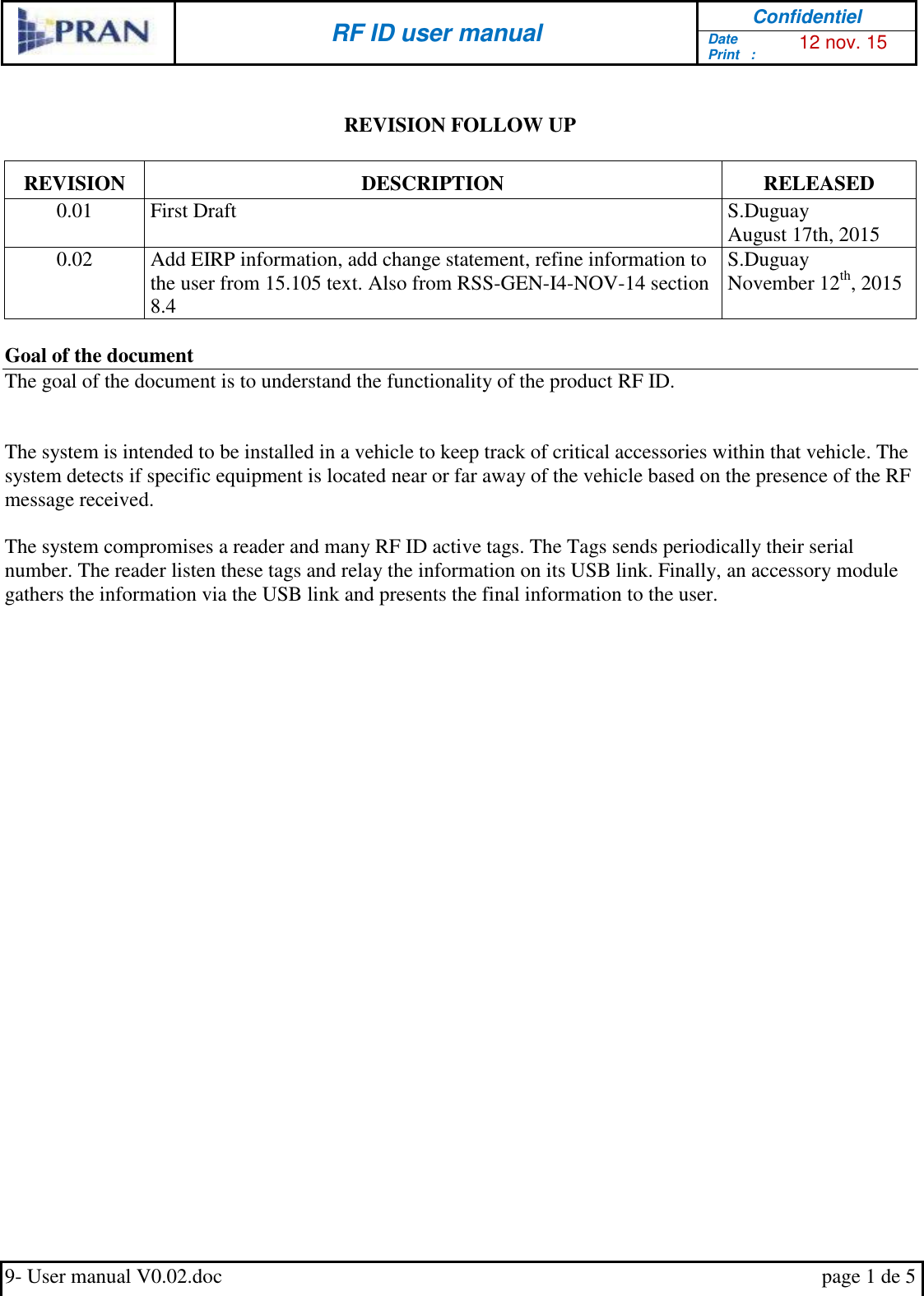 PRAN Systems PR1023 RF ID System User Manual Note Pran
