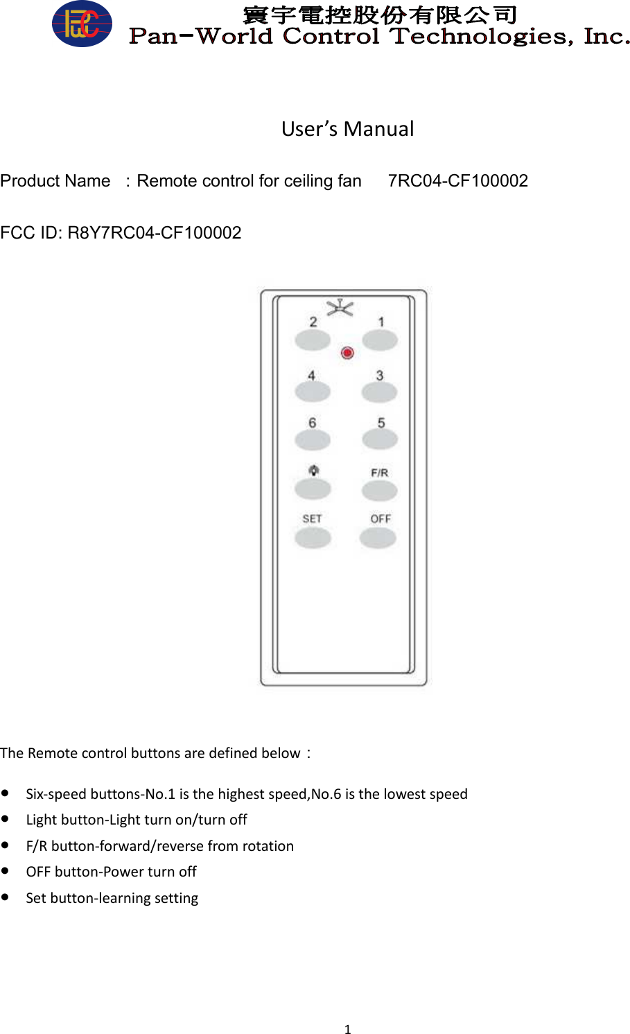 Pan World Control Technologies 7RC04-CF100002 Remote control for ...