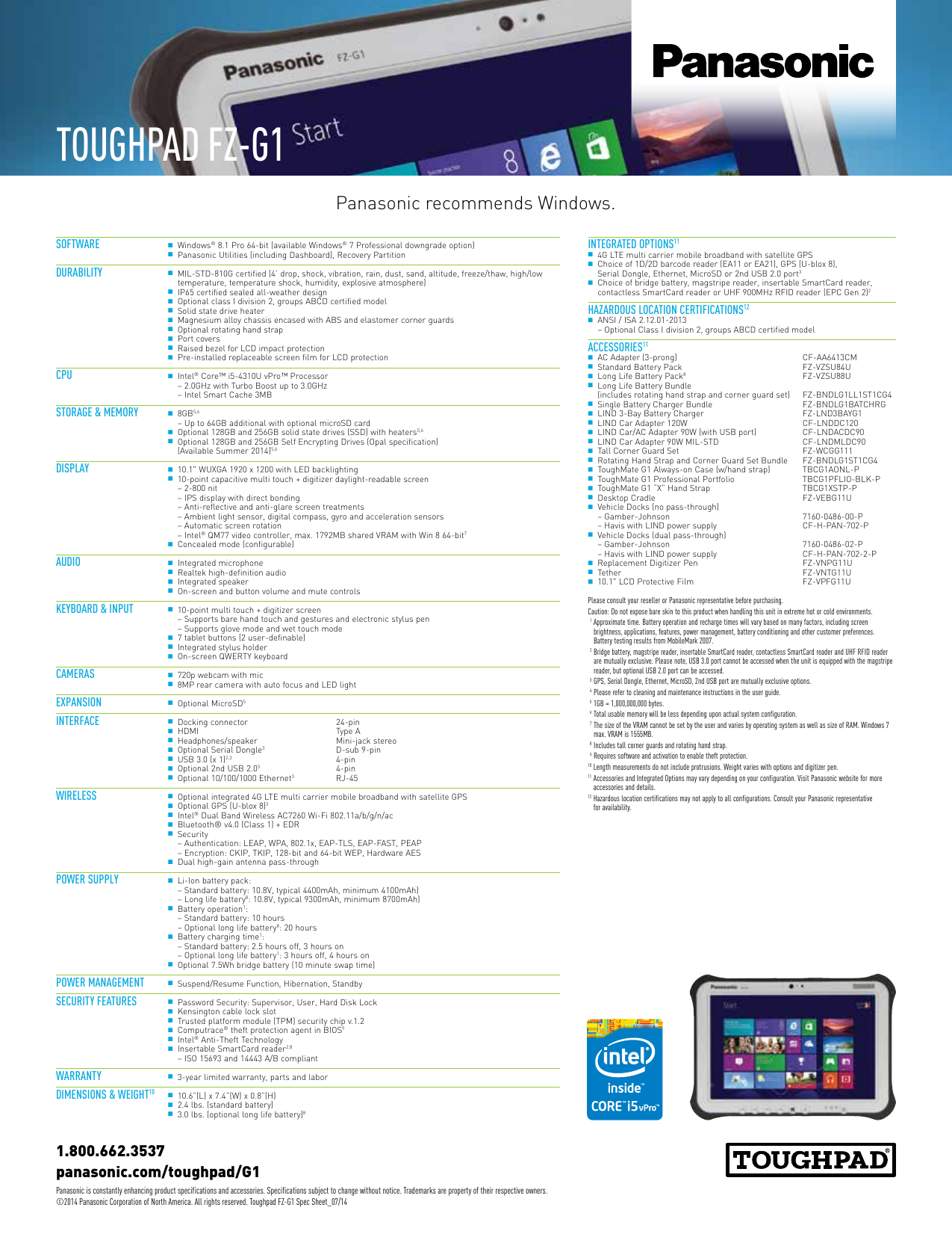 Panasonic Toughpad Fz G1 Specification Sheet