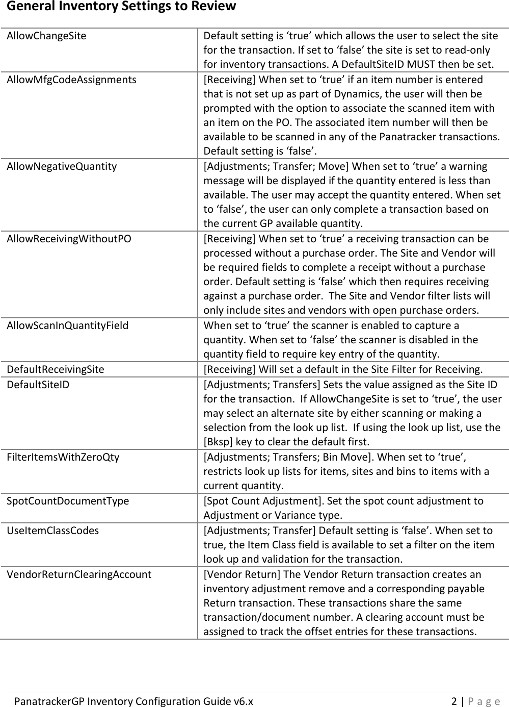 Panatracker GP Inventory Config Settings