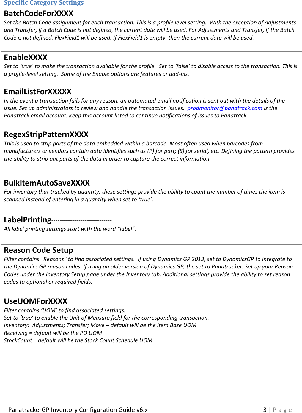 Panatracker GP Inventory Config Settings