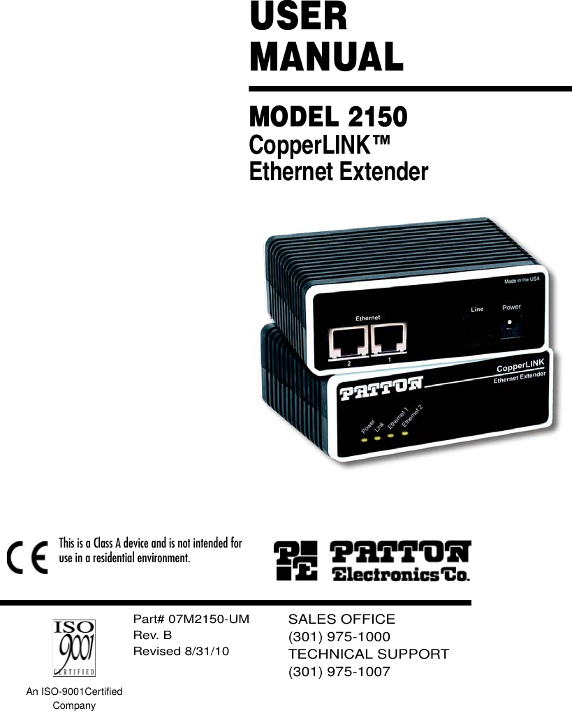 Patton Electronic Copperlink 2150 Users Manual Ethernet Extenders 2158 ...