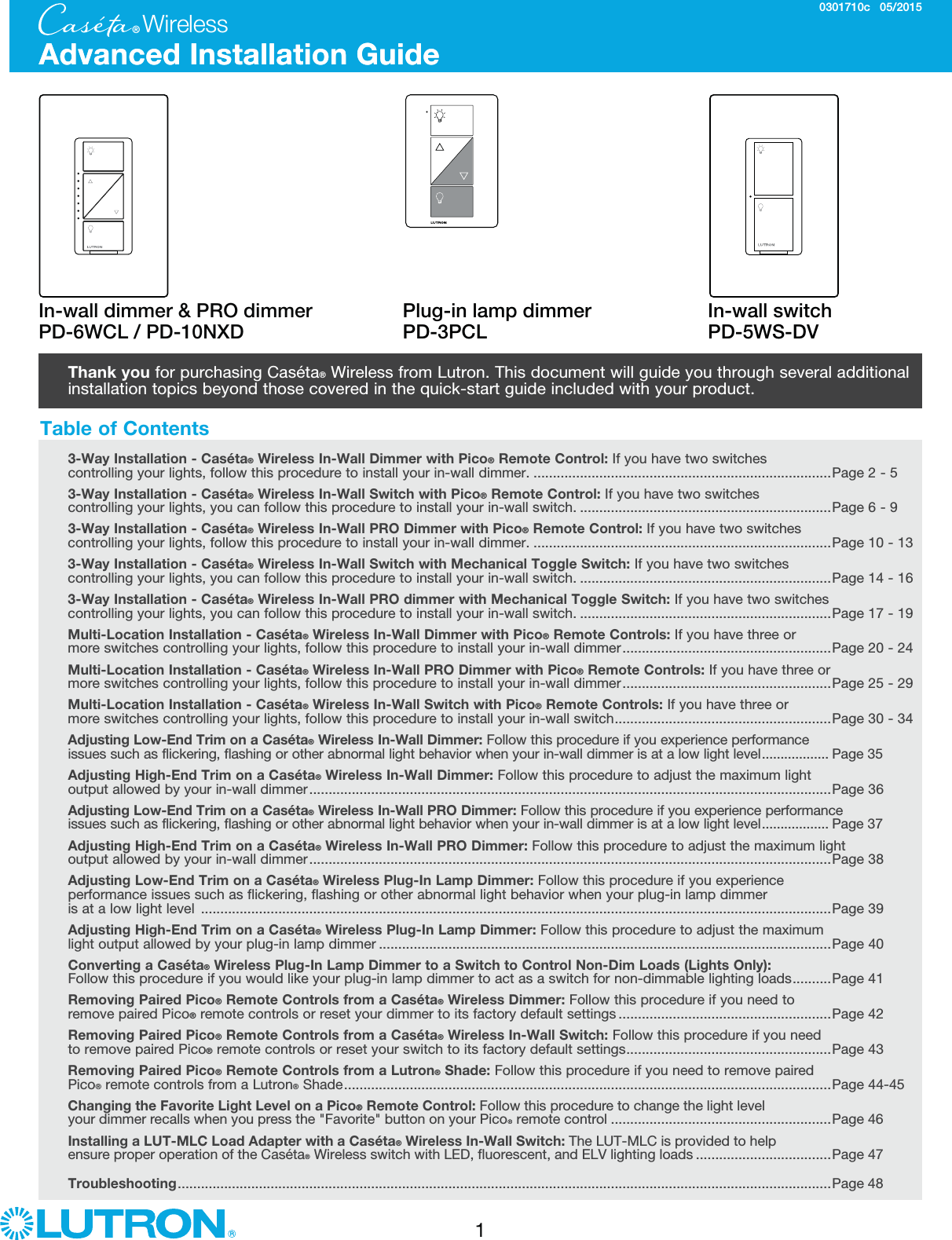 Caseta Wireless Advanced Install Guide (0301710c) Installation Directions