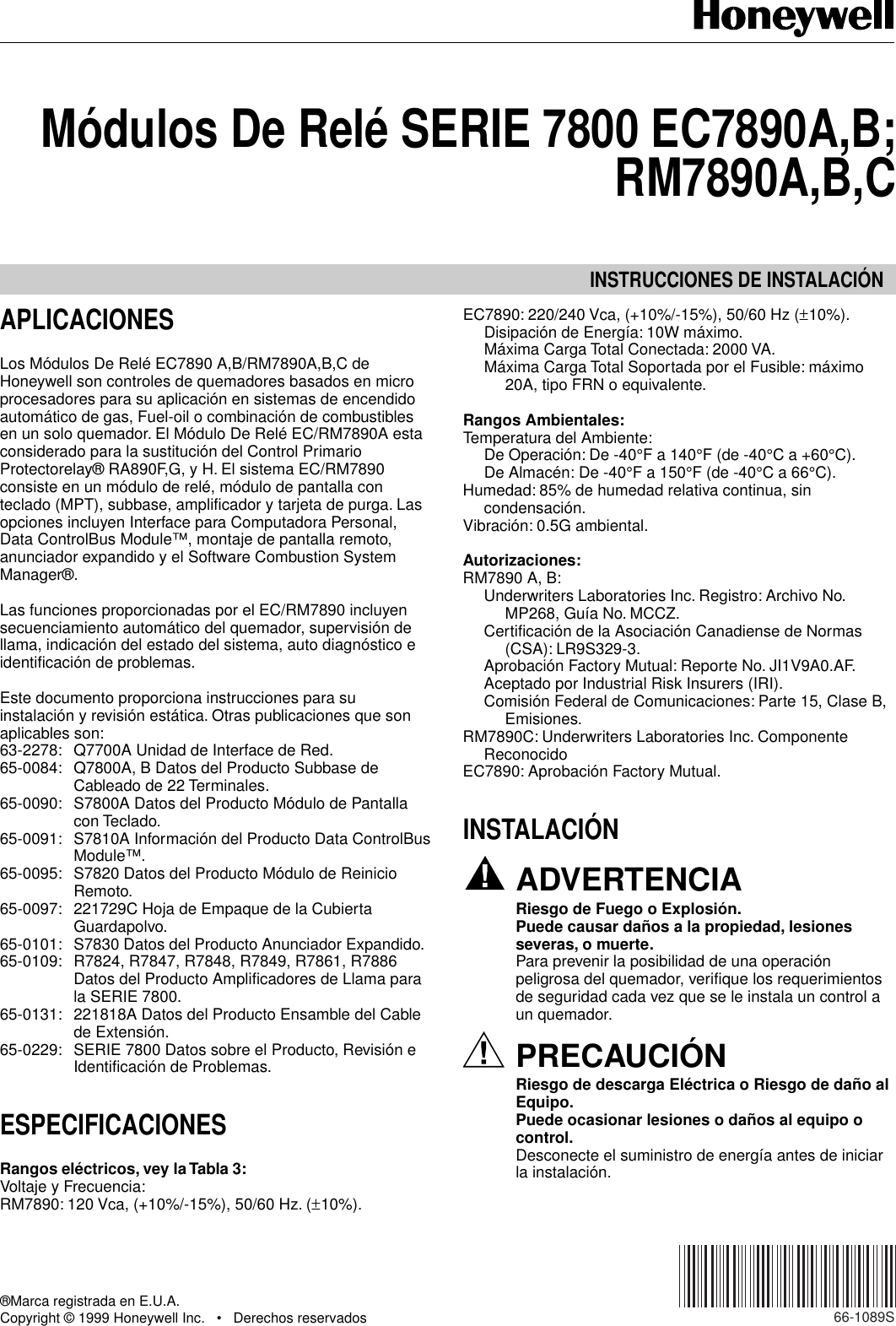 Módulos De Relé SERIE 7800 EC7890A,B; RM7890A,B,C Installation Directions