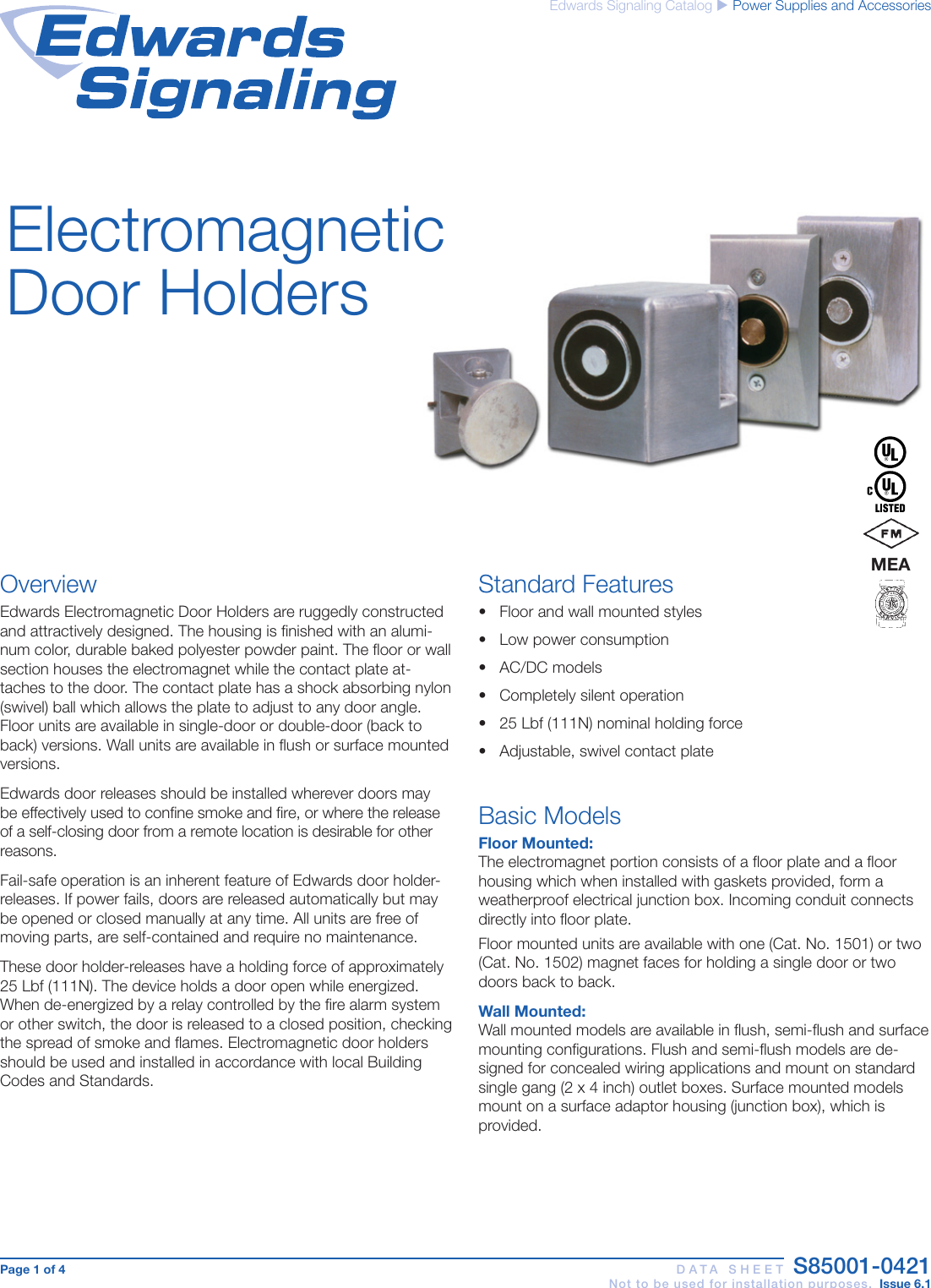 Data Sheet S85001 0421 Electromagnetic Door Holders 100099 Catalog