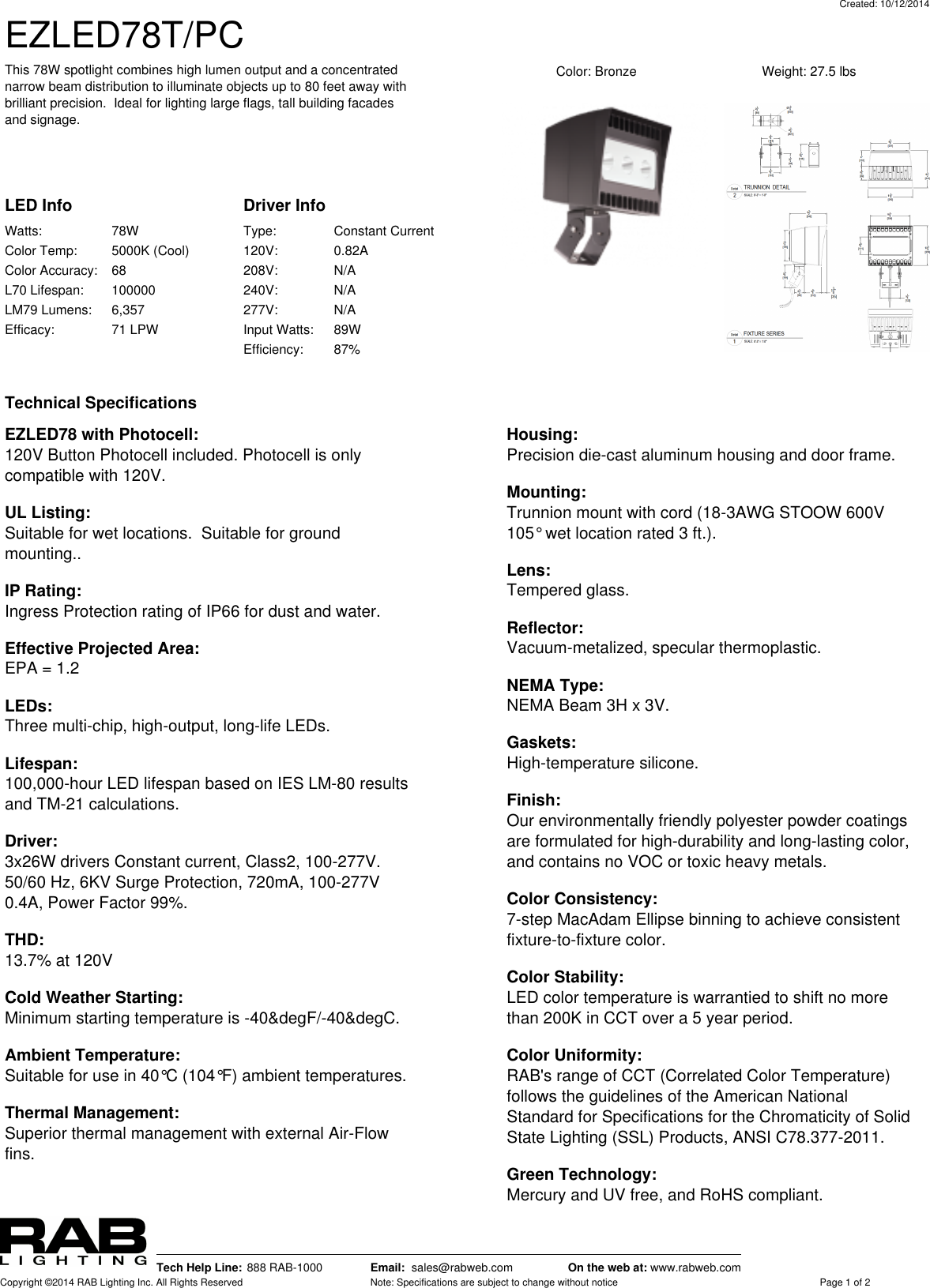 RAB Lighting, Inc Spec Sheet EZLED78T/PC
