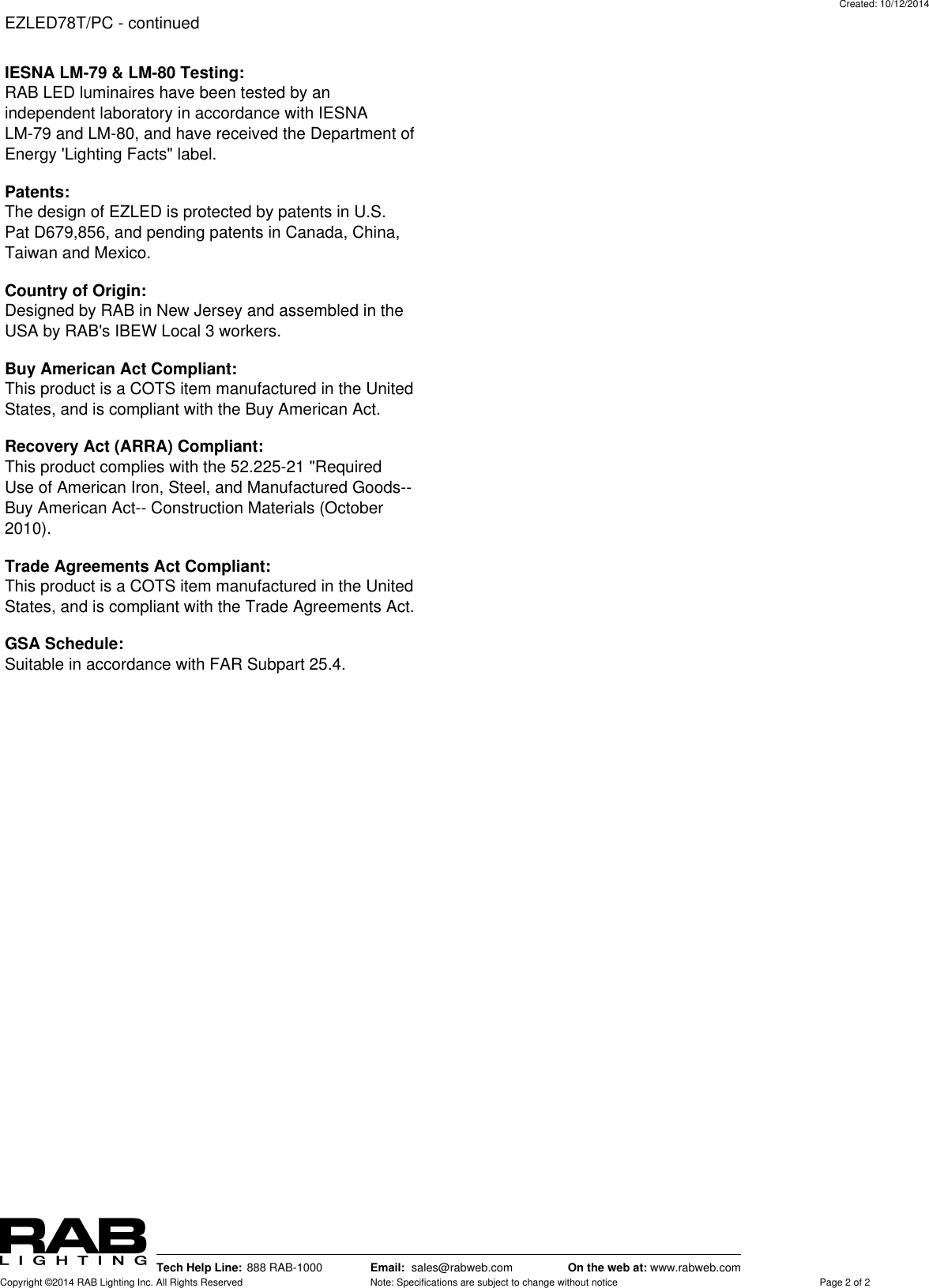 RAB Lighting, Inc Spec Sheet EZLED78T/PC