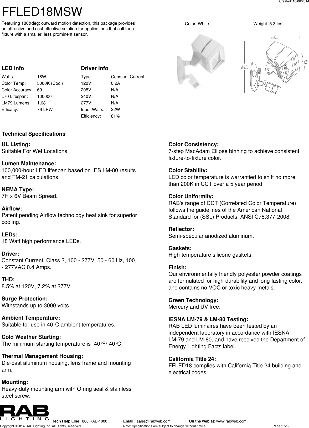 RAB Lighting, Inc Spec Sheet FFLED18MSW
