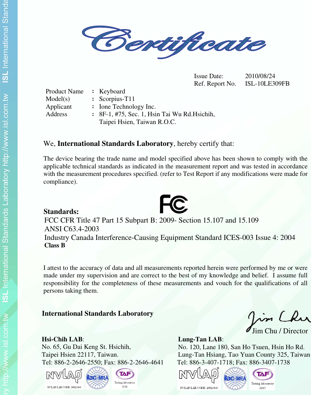 10LE309FB 177511 FCC Certificate And Report