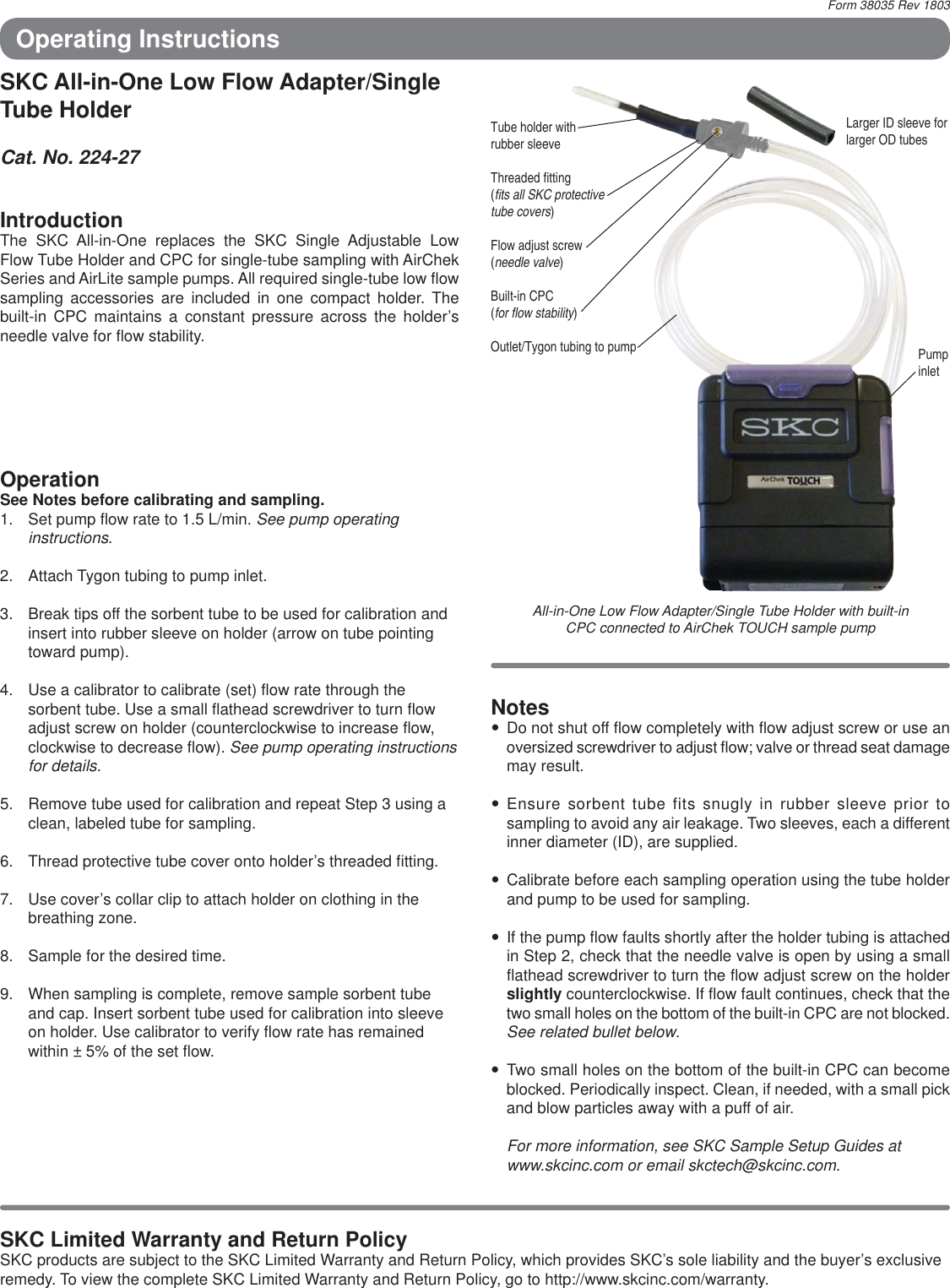 SKC All in One Low Flow Adapter/Single Tube Holder Cat. No. 224 27 ...