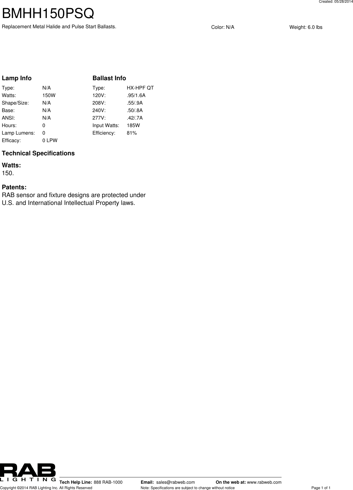RAB Lighting, Inc Spec Sheet BMHH150PSQ