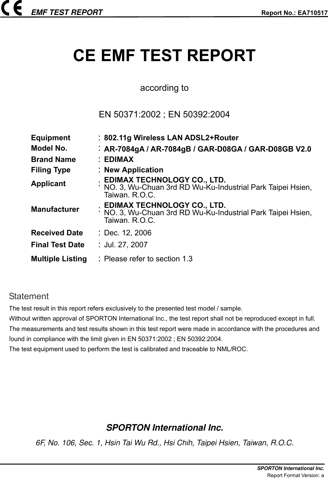 523455,523950 CE Certification & Report Edimax