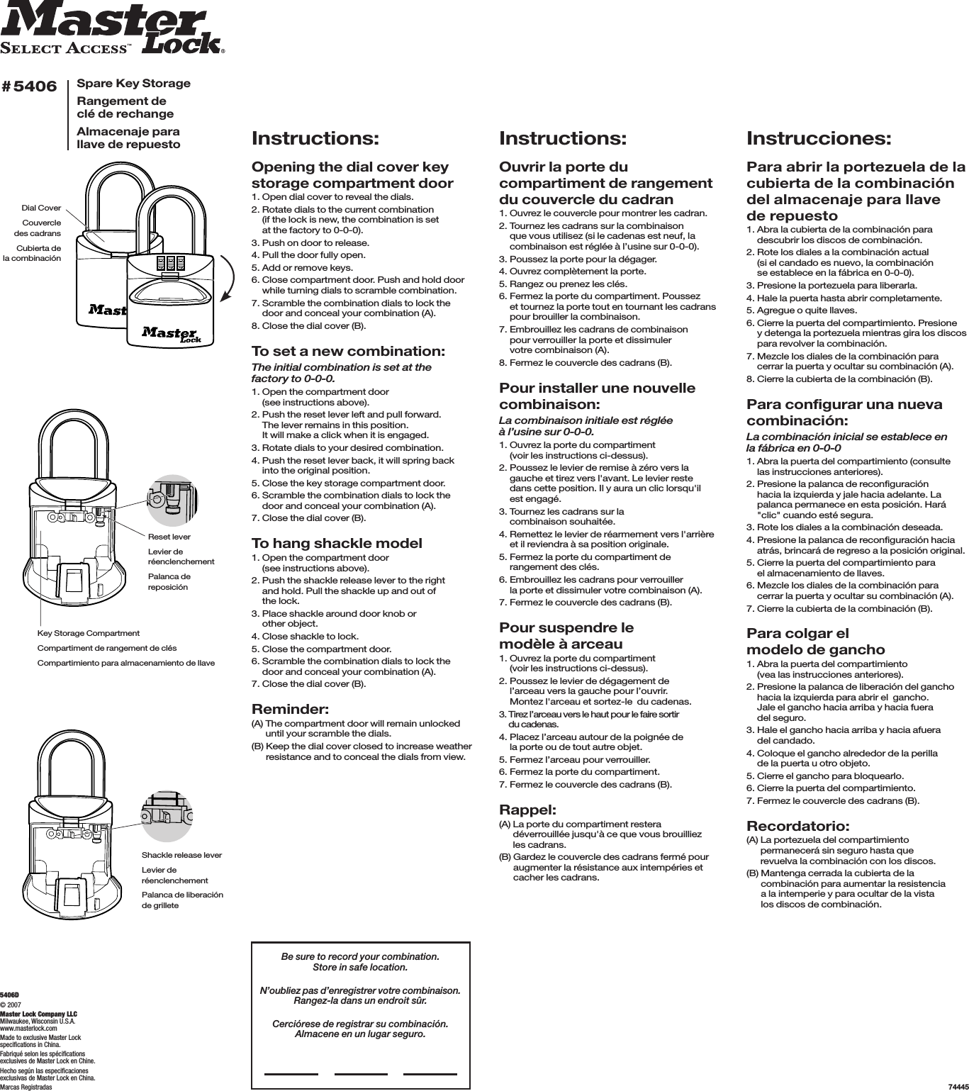 Master Lock 5406D Spare Key Storage Instruction Sheet Instructions