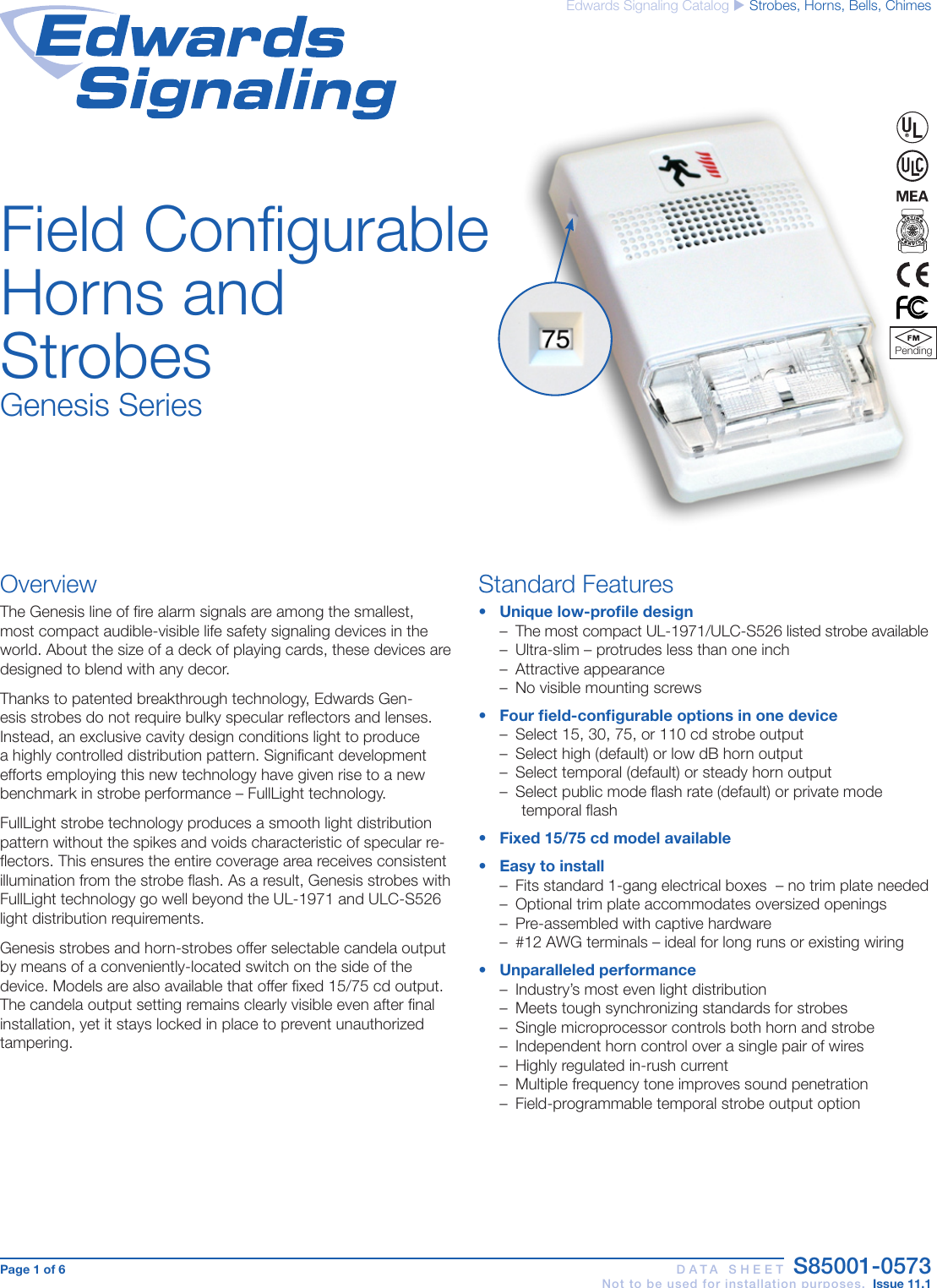 Data Sheet S85001 0573 Genesis Wall Horns And Strobes Brochure