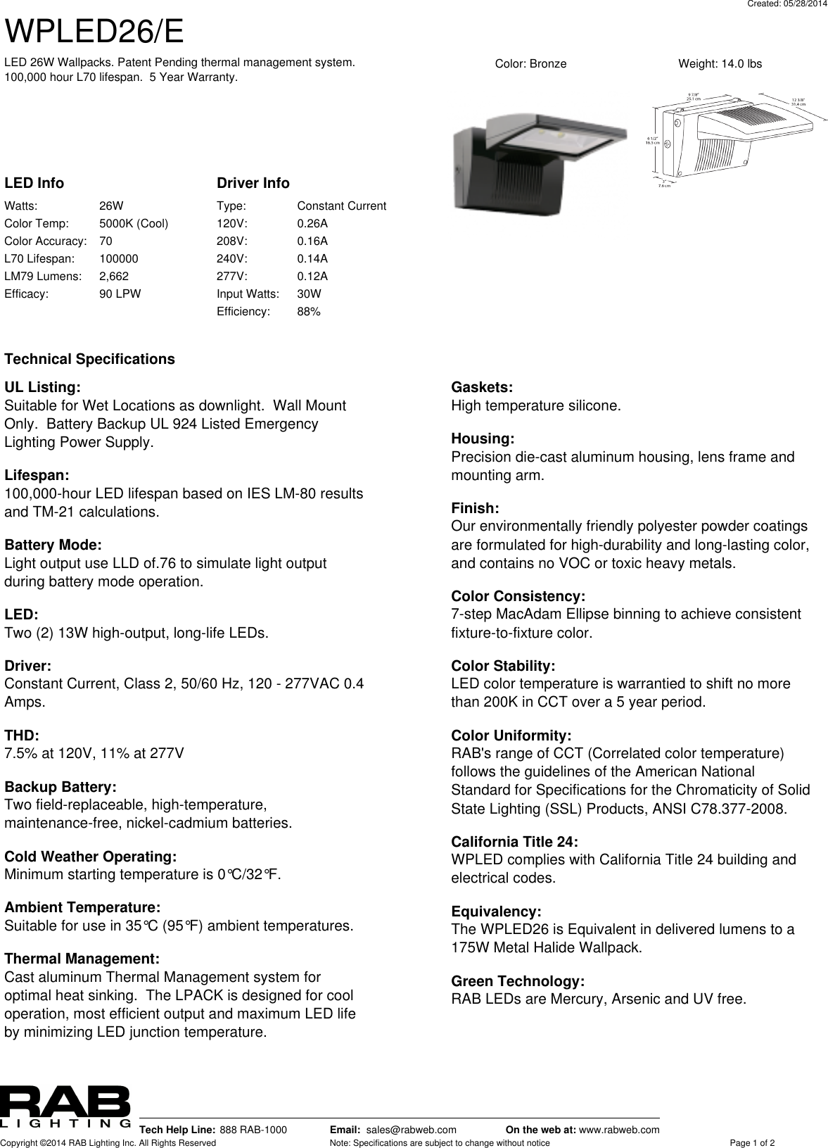 RAB Lighting, Inc Spec Sheet WPLED26/E