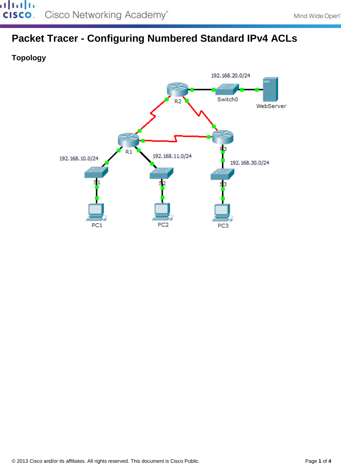 7.2.1.6 Packet Tracer Configuring Numbered Standard IPv4 ACLs Instructions