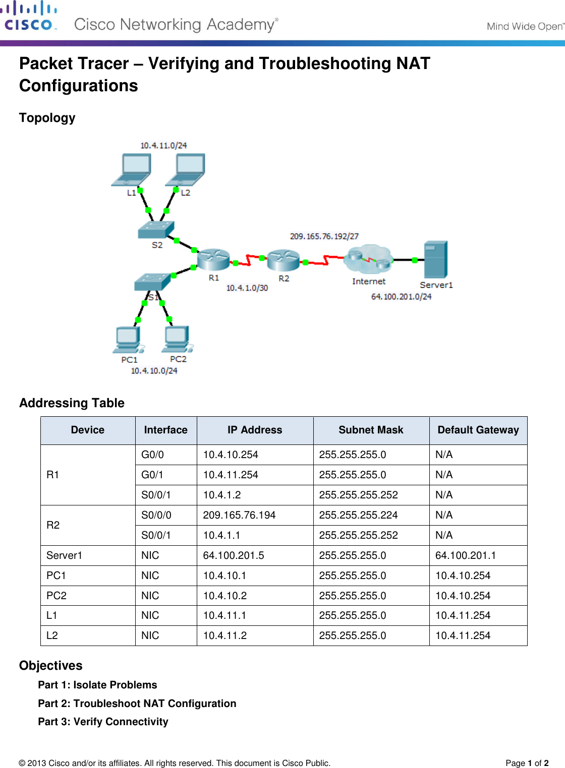 9 3 1 4 Packet Tracer Verifying And Troubleshooting Nat Configurations