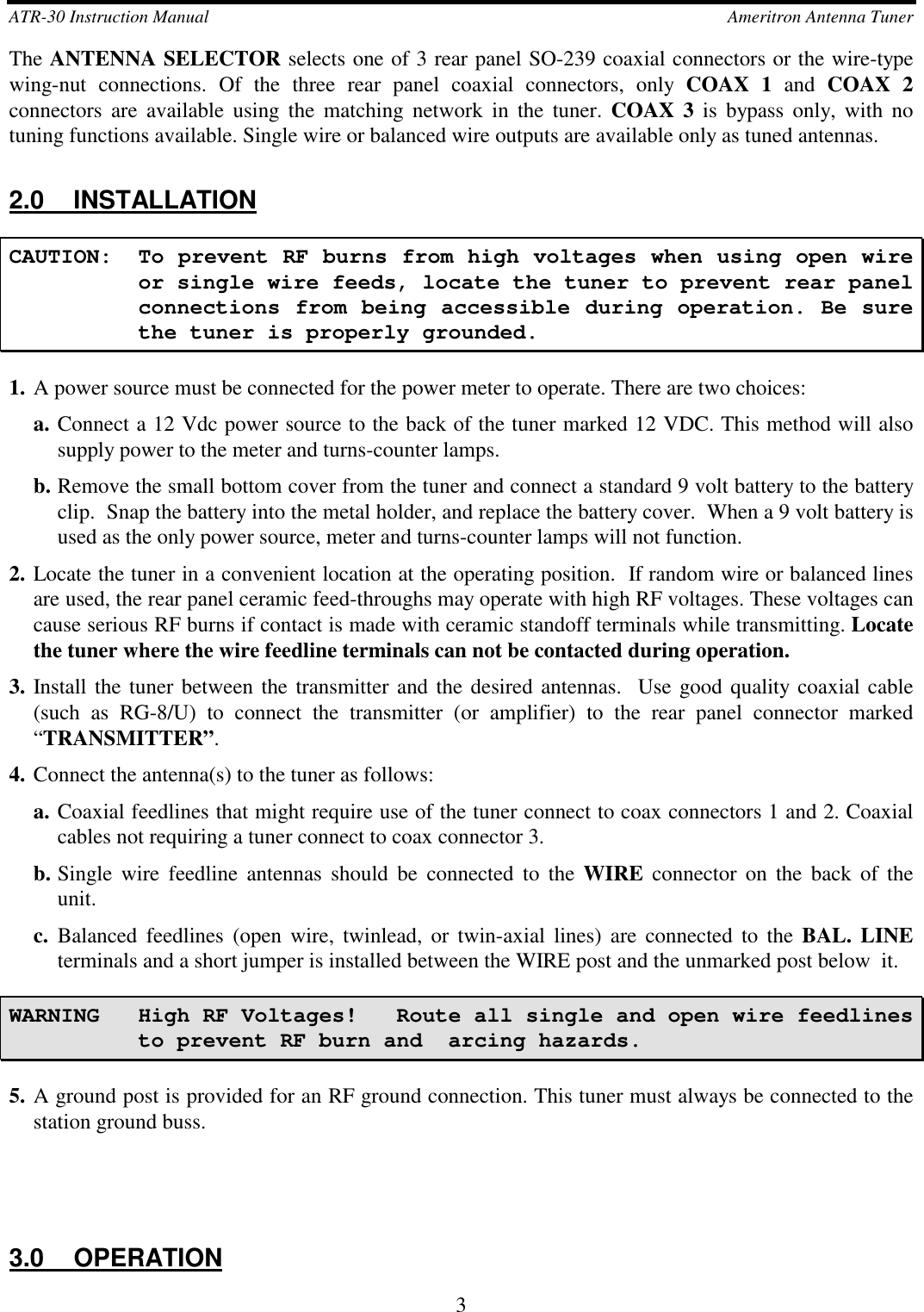 Ameritron Antenna Tuner ATR 30X User Manual