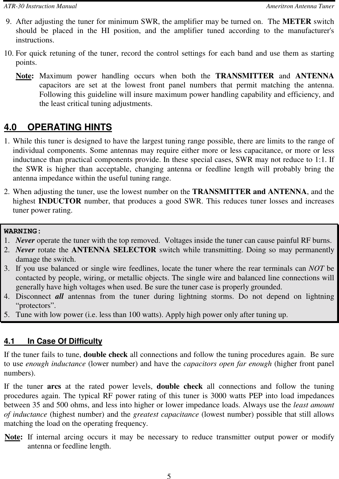 Ameritron Antenna Tuner ATR 30X User Manual