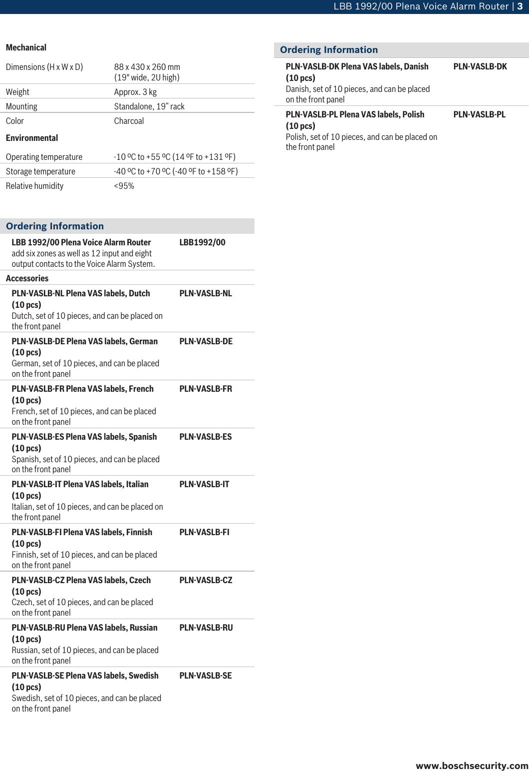 Boschlbb1992 LBB 1992/00 Plena Voice Alarm Router User Manual