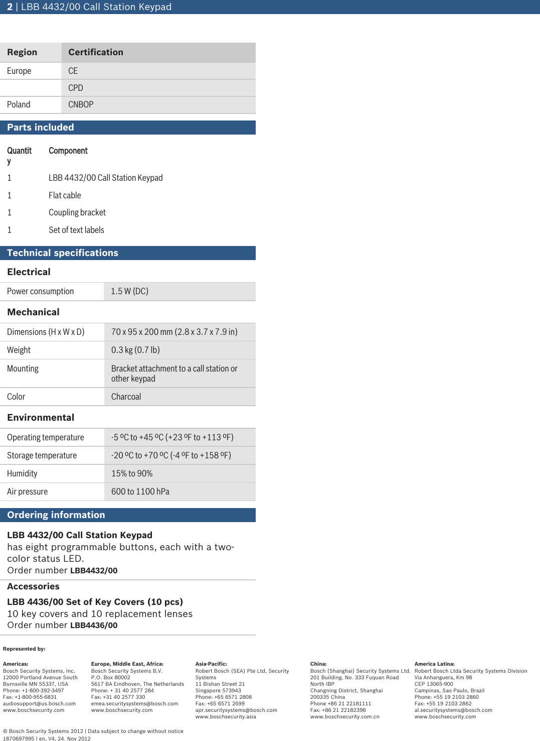Bosclbb443200D3 LBB 4432/00 Call Station Keypad User Manual