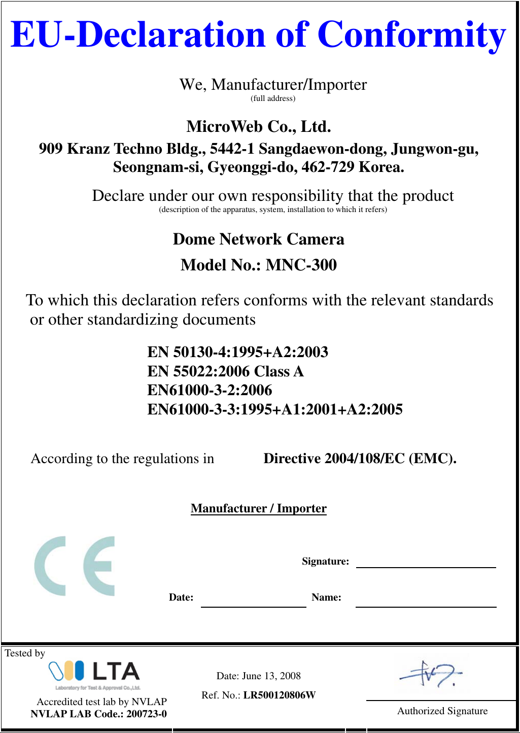[MNC 300] EU DOC CE Certificate