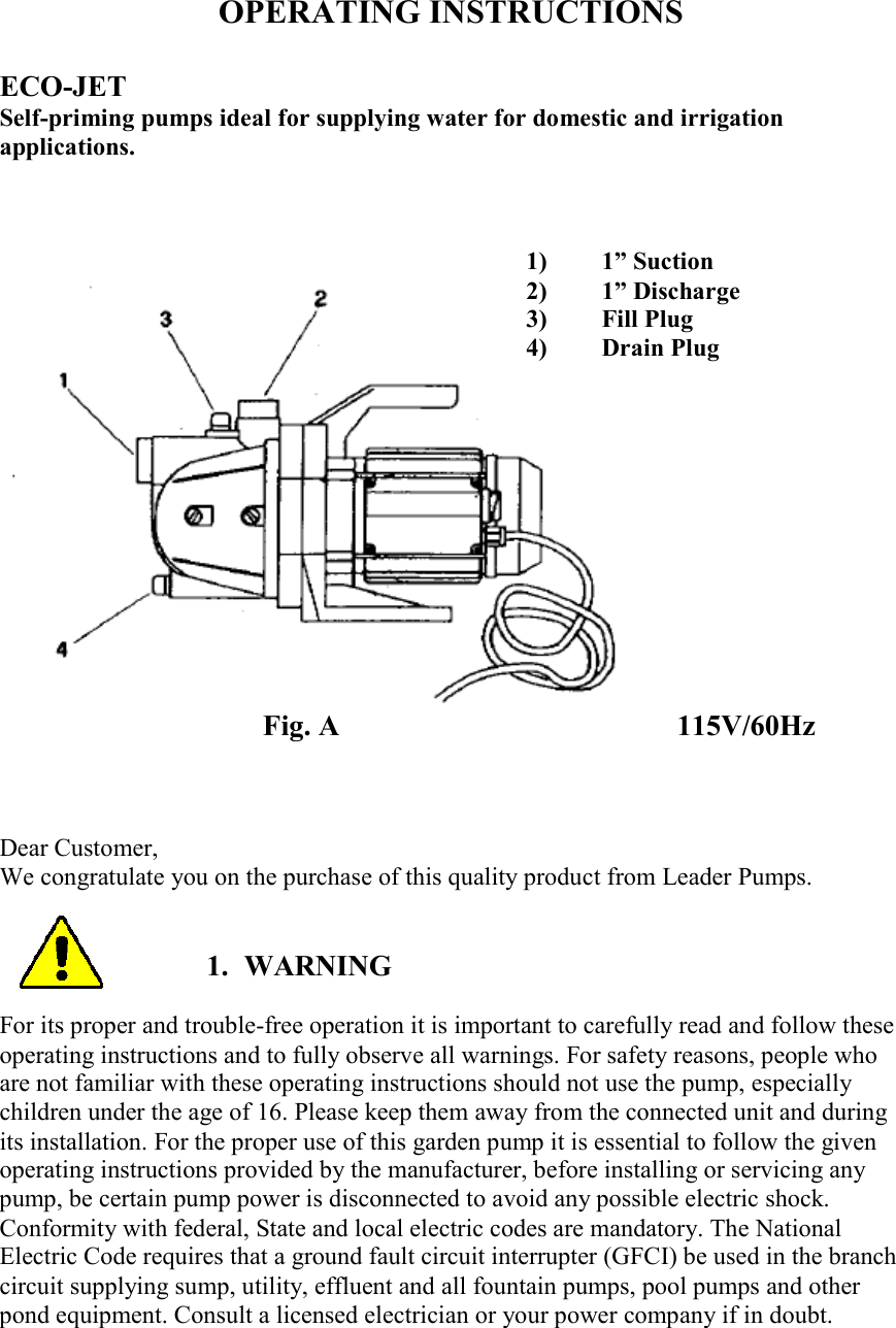 ECOJET Instruction Manual Eco Jet Pump Instructions