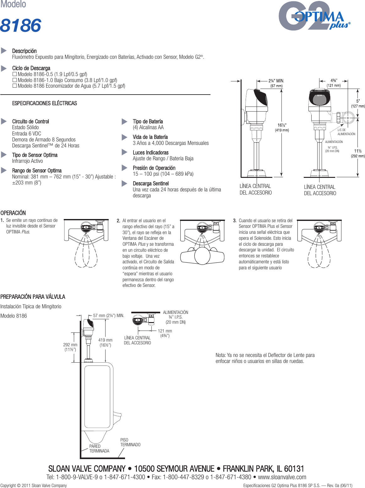 G2 Optima Plus 8186 Especificaciones Español Fluxometro orinal superior ...