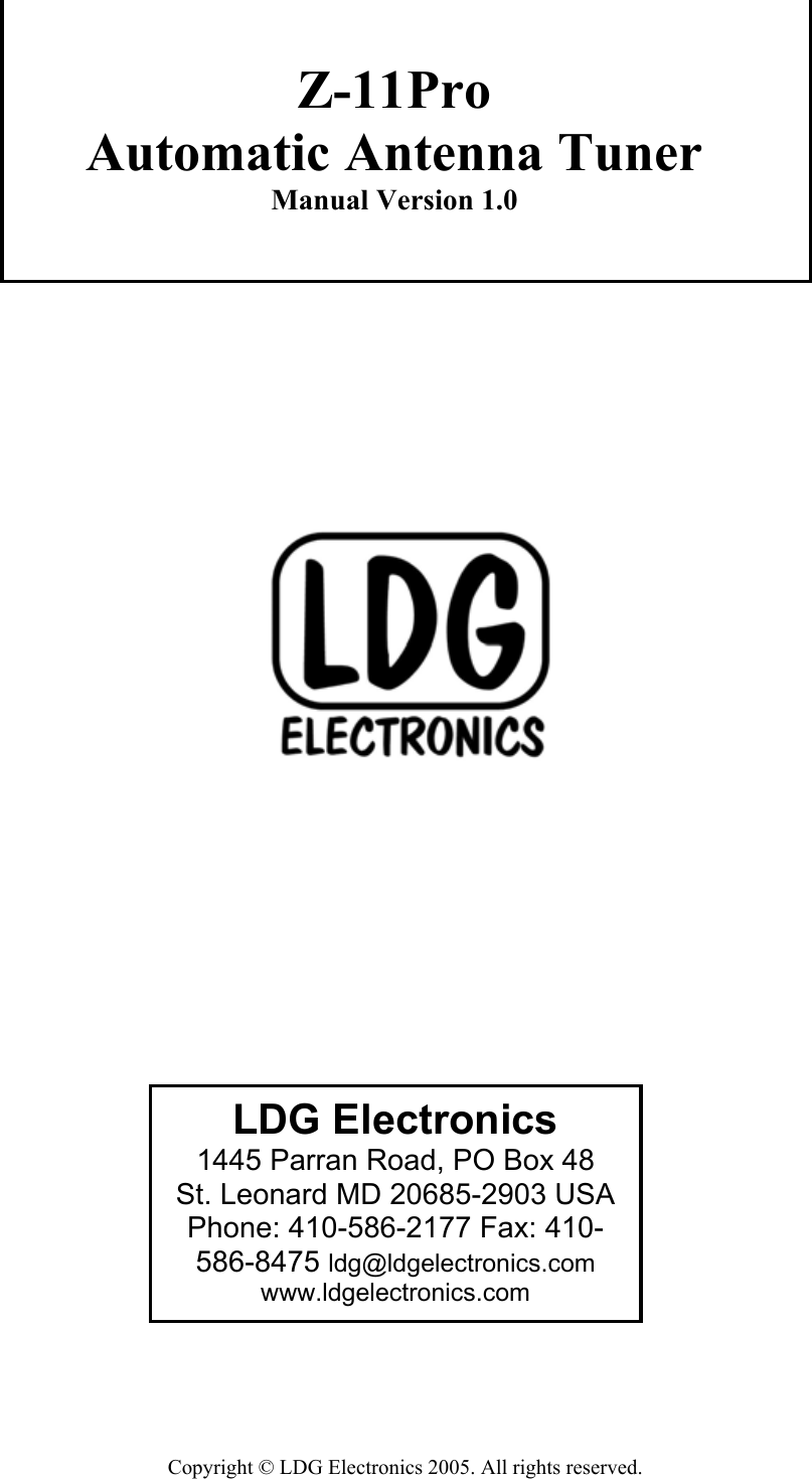 Z 11Pro Manual 1.0 LDG Antenna Tuner