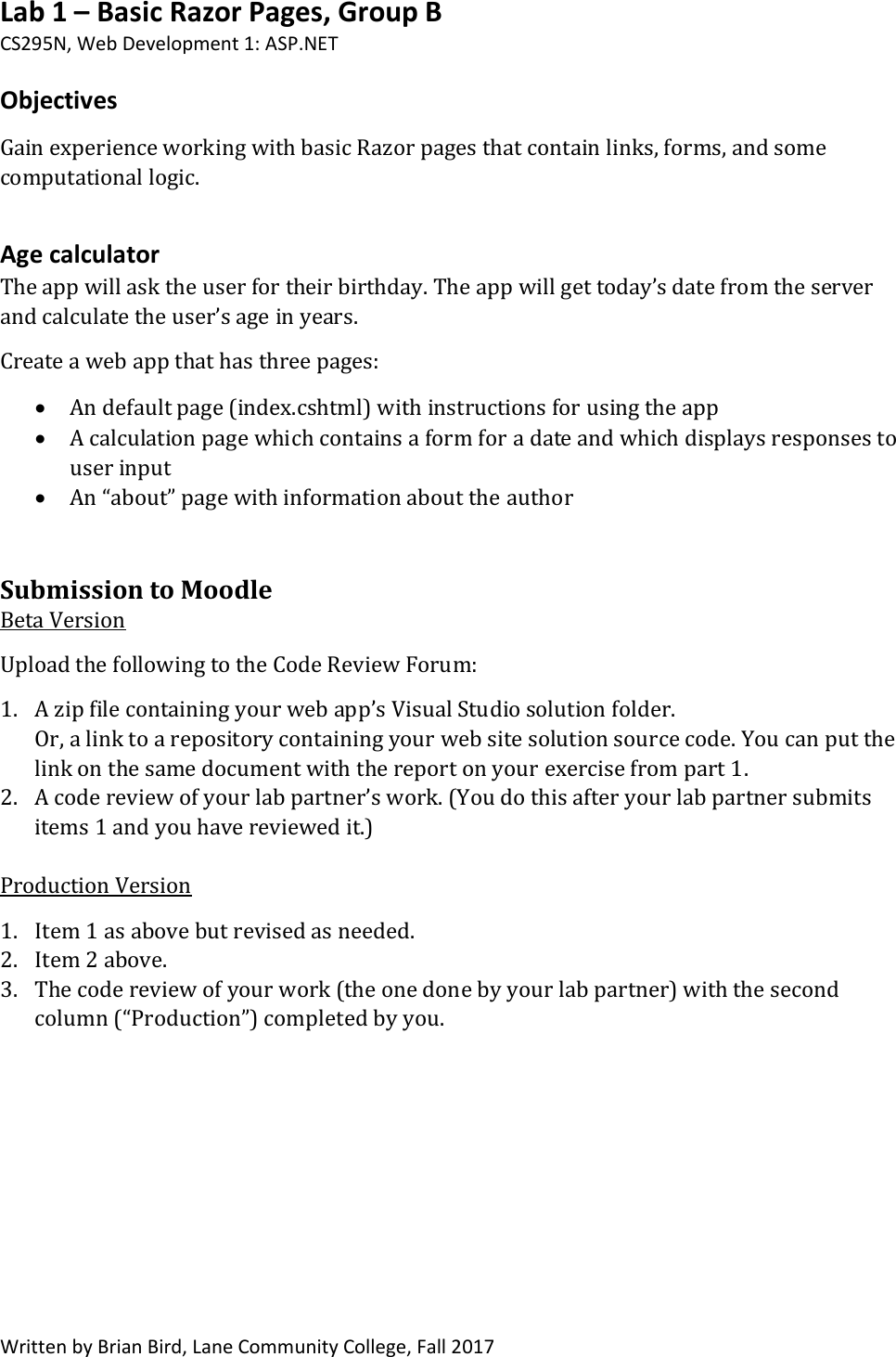 Lab1B Instructions Basic Razor Pages CS295N