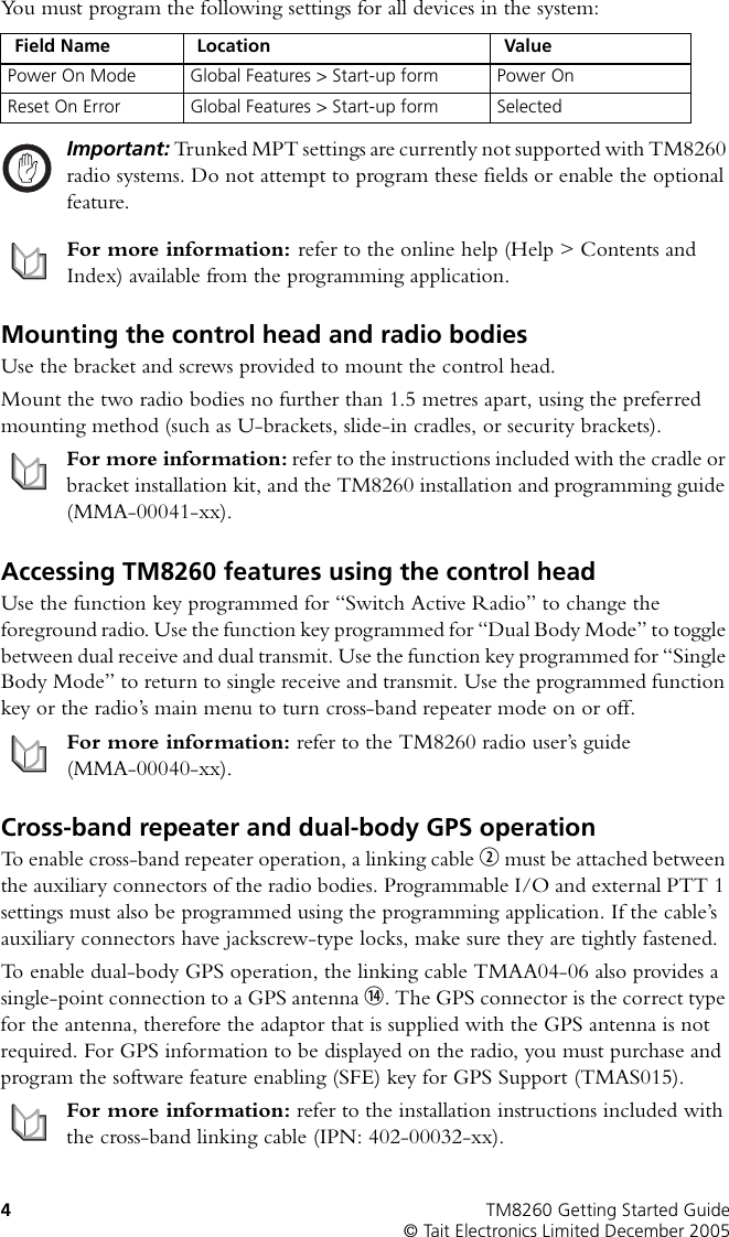 TM8260 Getting Started Guide TM8000/TM8260/MMA 00047 01 Setup MMA