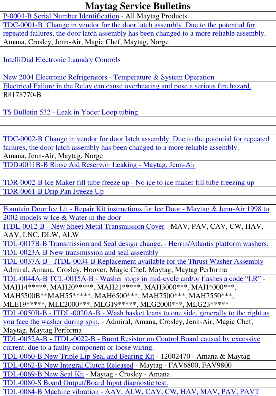 # Maytag Service Bulletins