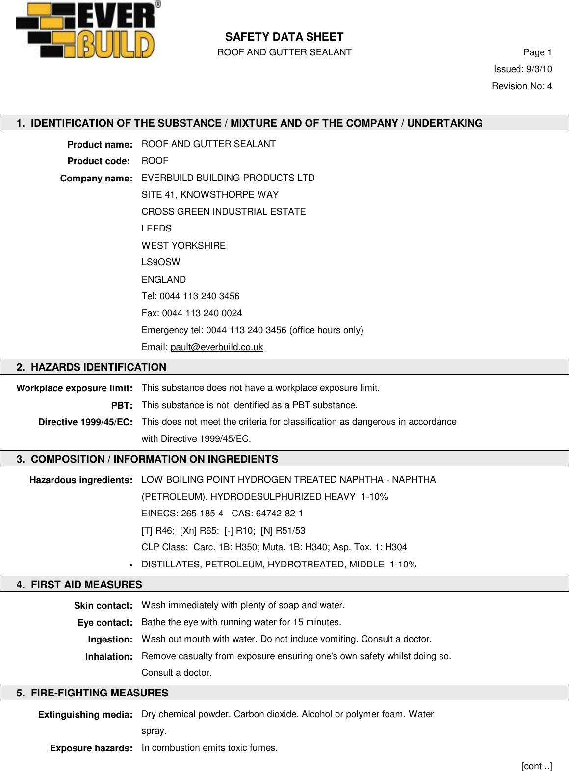 MSDS Roof And Gutter Sealant