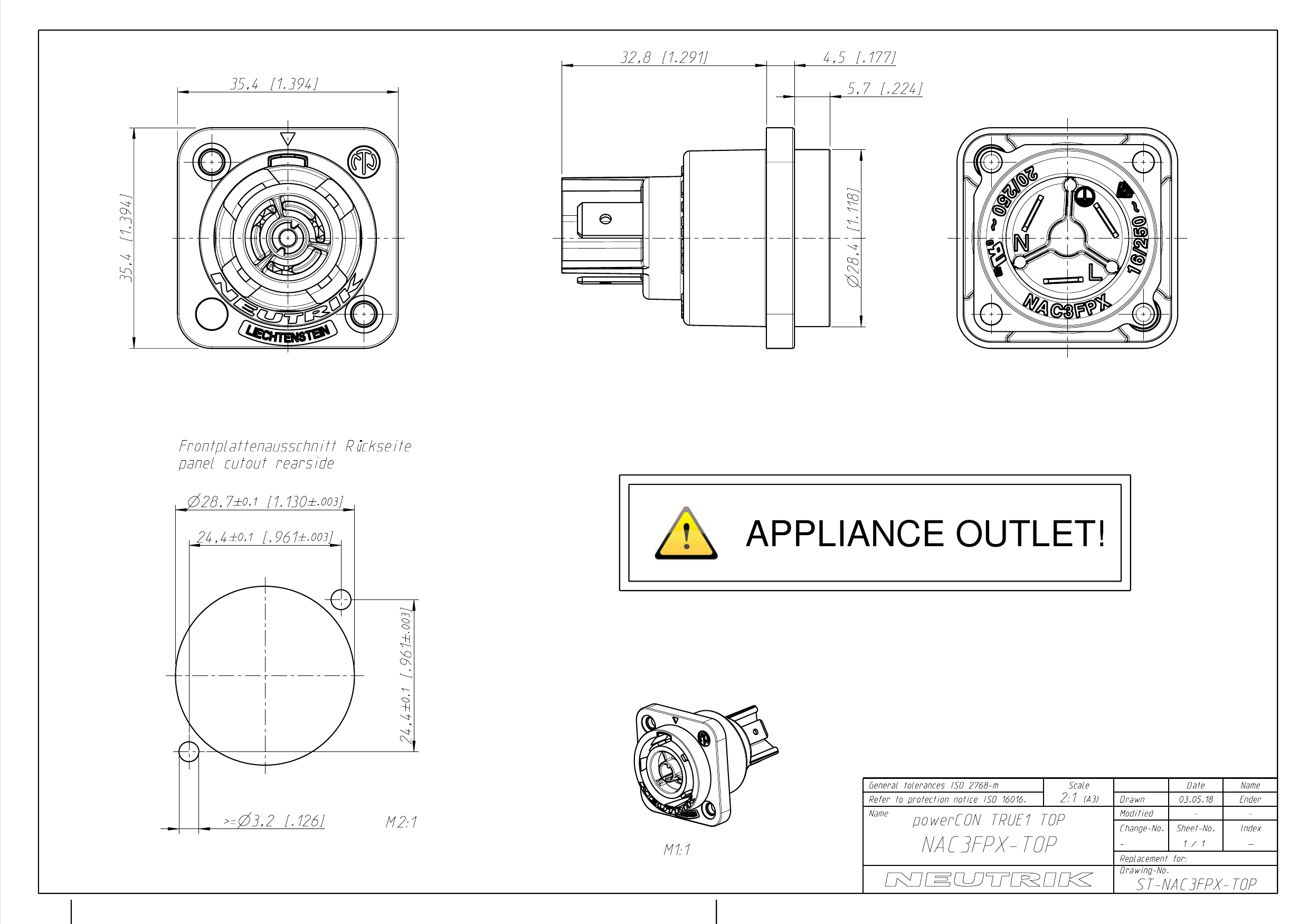I NAC3FPX TOP Neutrik Technical Drawing EN