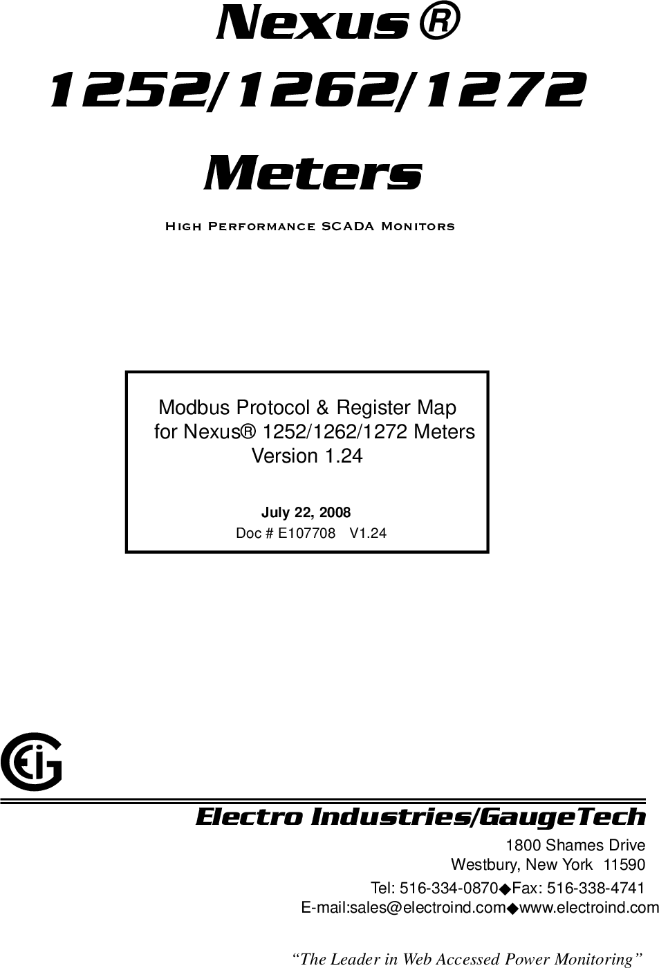 1252/1262/1272 Modbus Manual V.1.24 July 22, 2008 Nexus 1252, 1262, And 1272 Meters Protocol ...