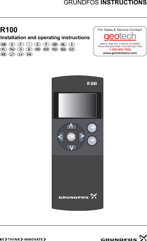 R100 Installation And Operating Instructions