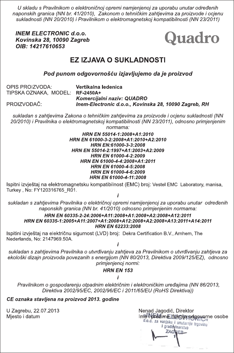 IoS_Inem_RF 2450A+ RF 2450A Plus Izjava O Sukladnosti hr
