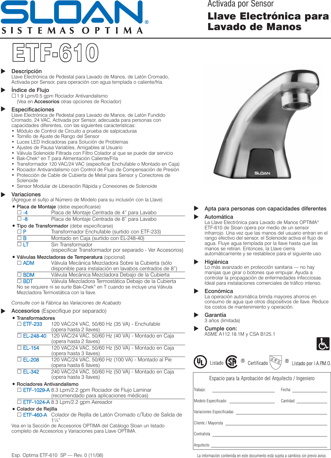 Optima ETF 610_SP Rev0 Sensor g610 sloan ficha tecnica