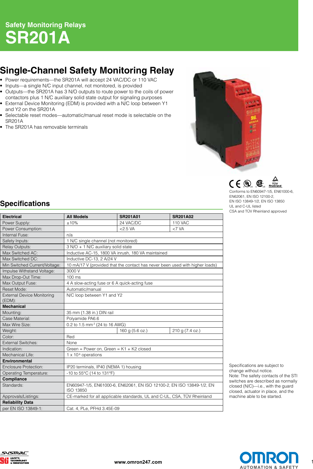 SR201A Single Channel Safety Monitoring Relay Data Sheet Datasheet En ...