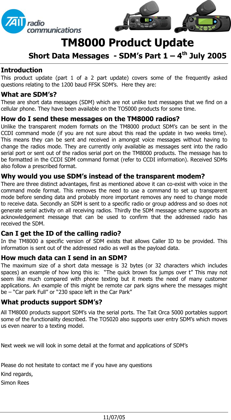 TM8000 Product Update July4_07_ 1 TM8000/TM8000 Short Data Messaging