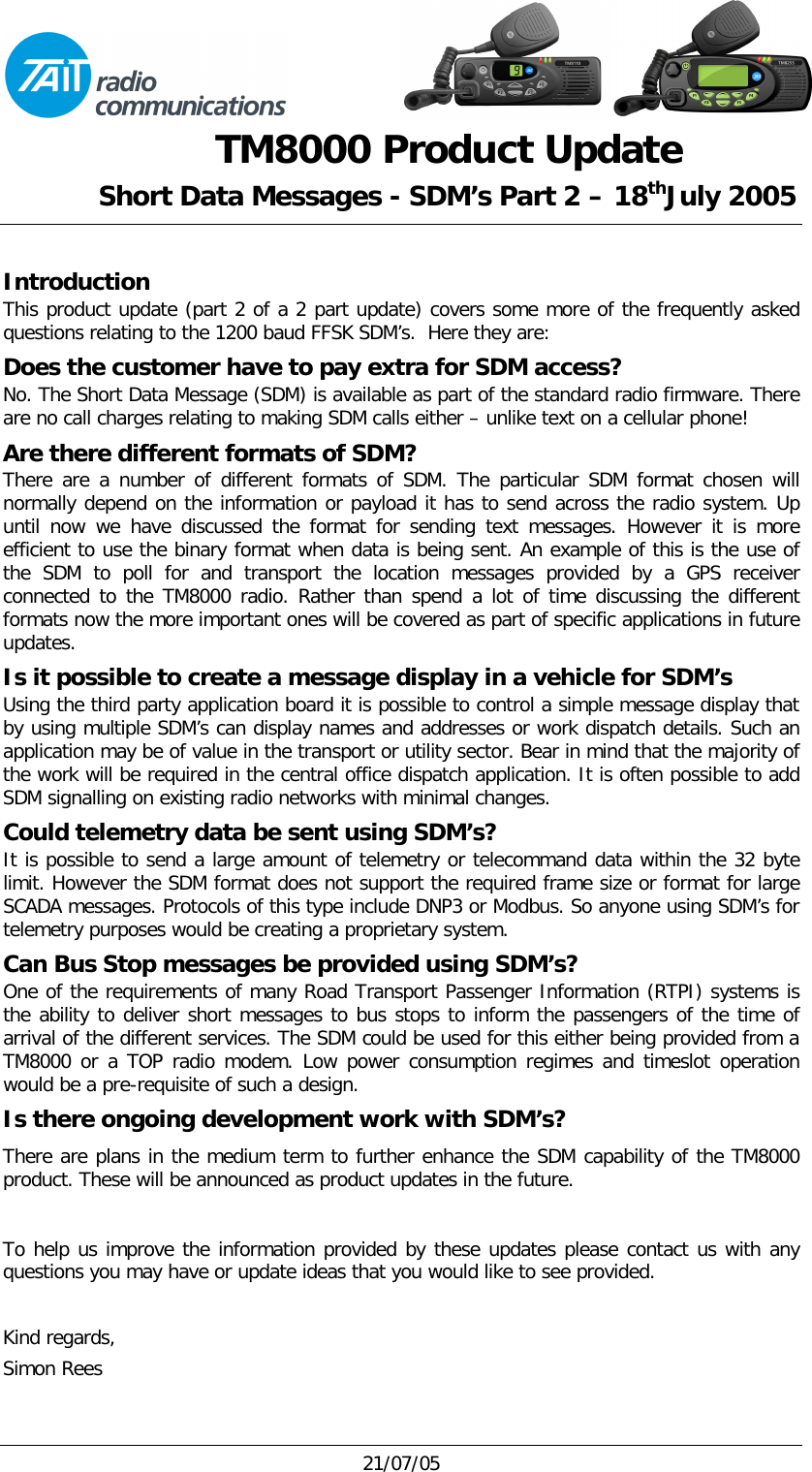 TM8000 Product Update July4_07_ 1 TM8000/TM8000 Short Data Messaging