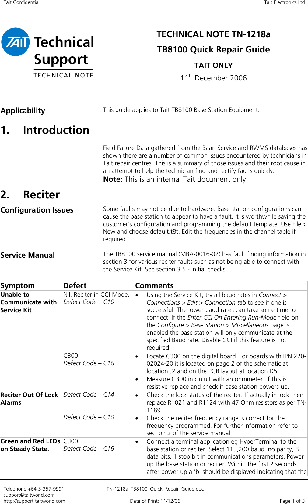 Introduction. TB8100 Tech Notes/Tech Notes/TN 1218a Quick Repair Guide TN