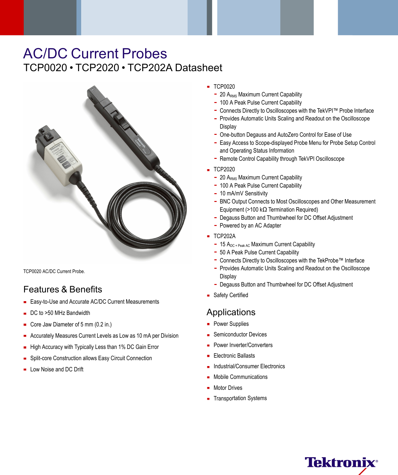 AC/DC Current Probes TCP0020, TCP2020, TCP202A Tcp0020 Datenblatt