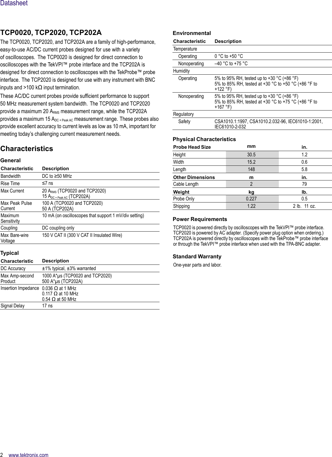 AC/DC Current Probes TCP0020, TCP2020, TCP202A Tcp0020 Datenblatt