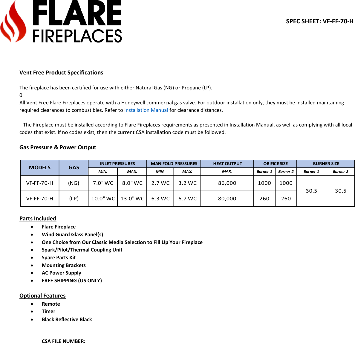 VF FF 70 H Spec Shee.. Sheet