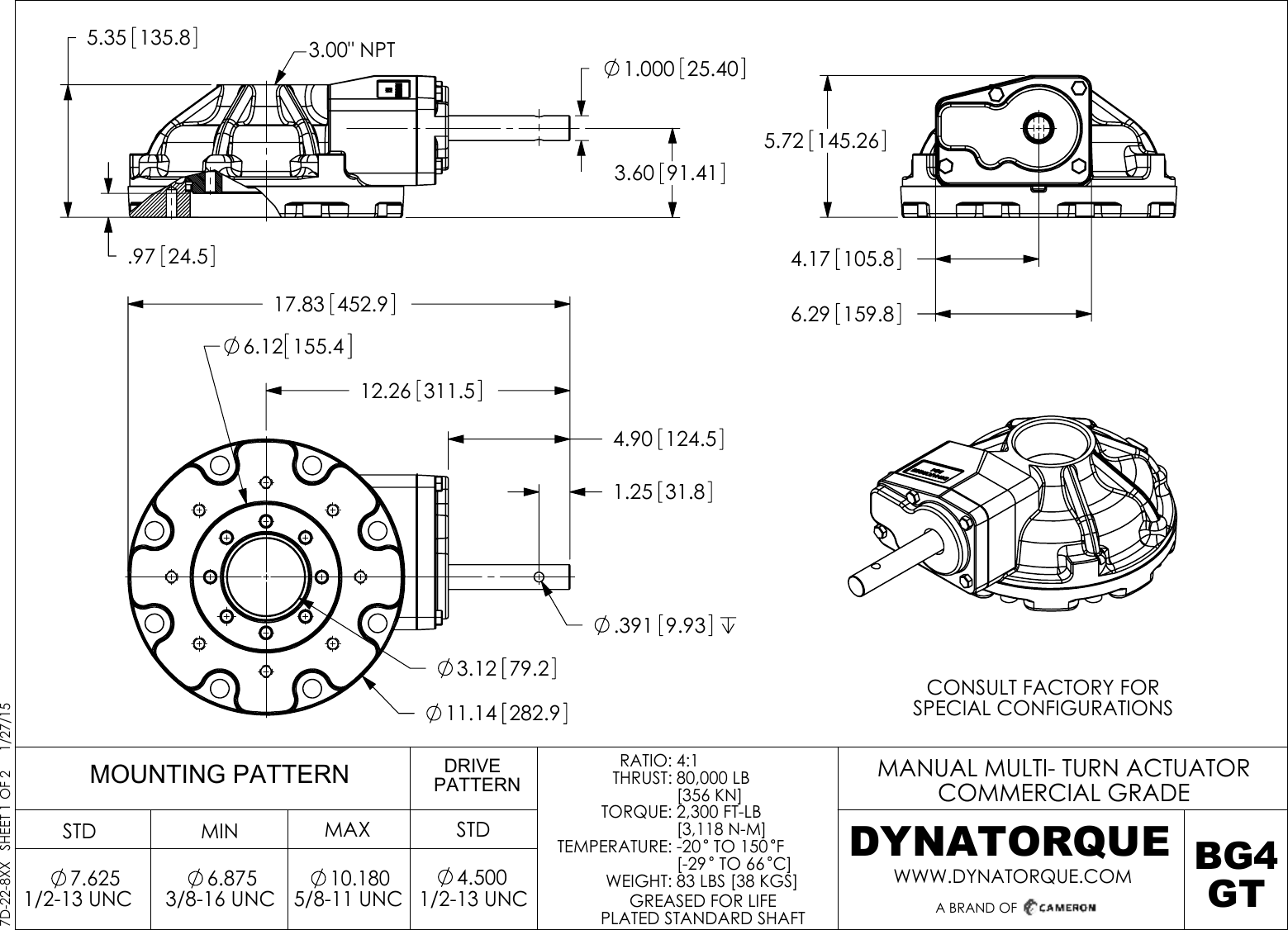 7D 22 8XX_BG4GT DYNATORQUE Multi Turn Bevel Gear Operators BG4GT Drawing