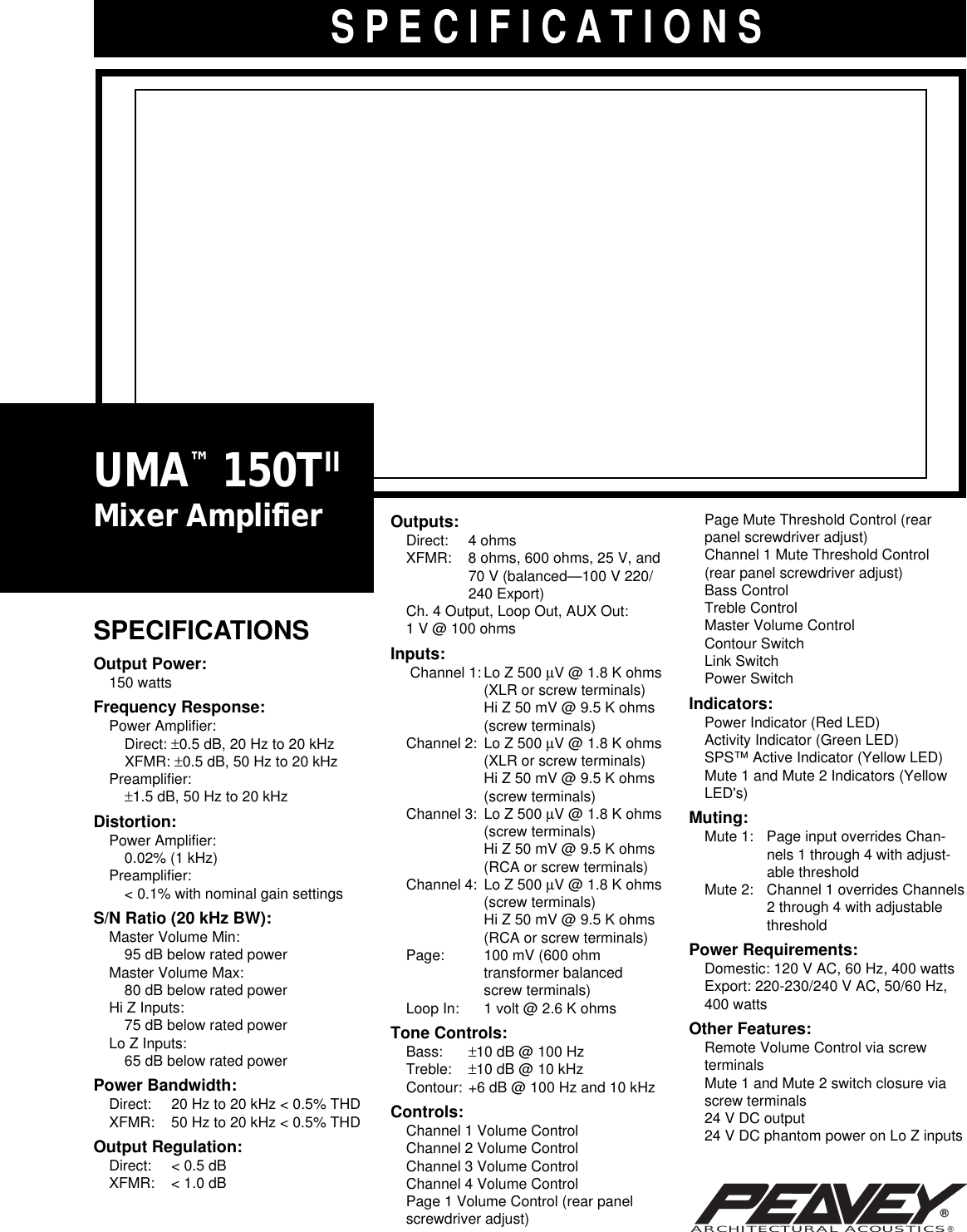 Peavey Uma 150T Ii Users Manual 150TII SS