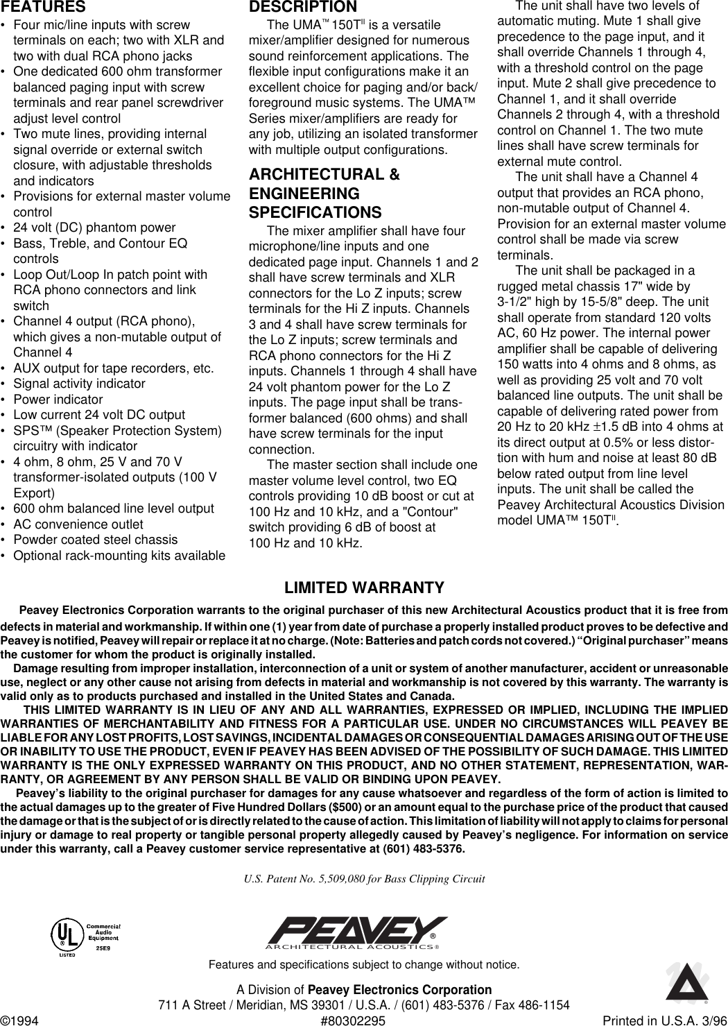 Peavey Uma 150T Ii Users Manual 150TII SS