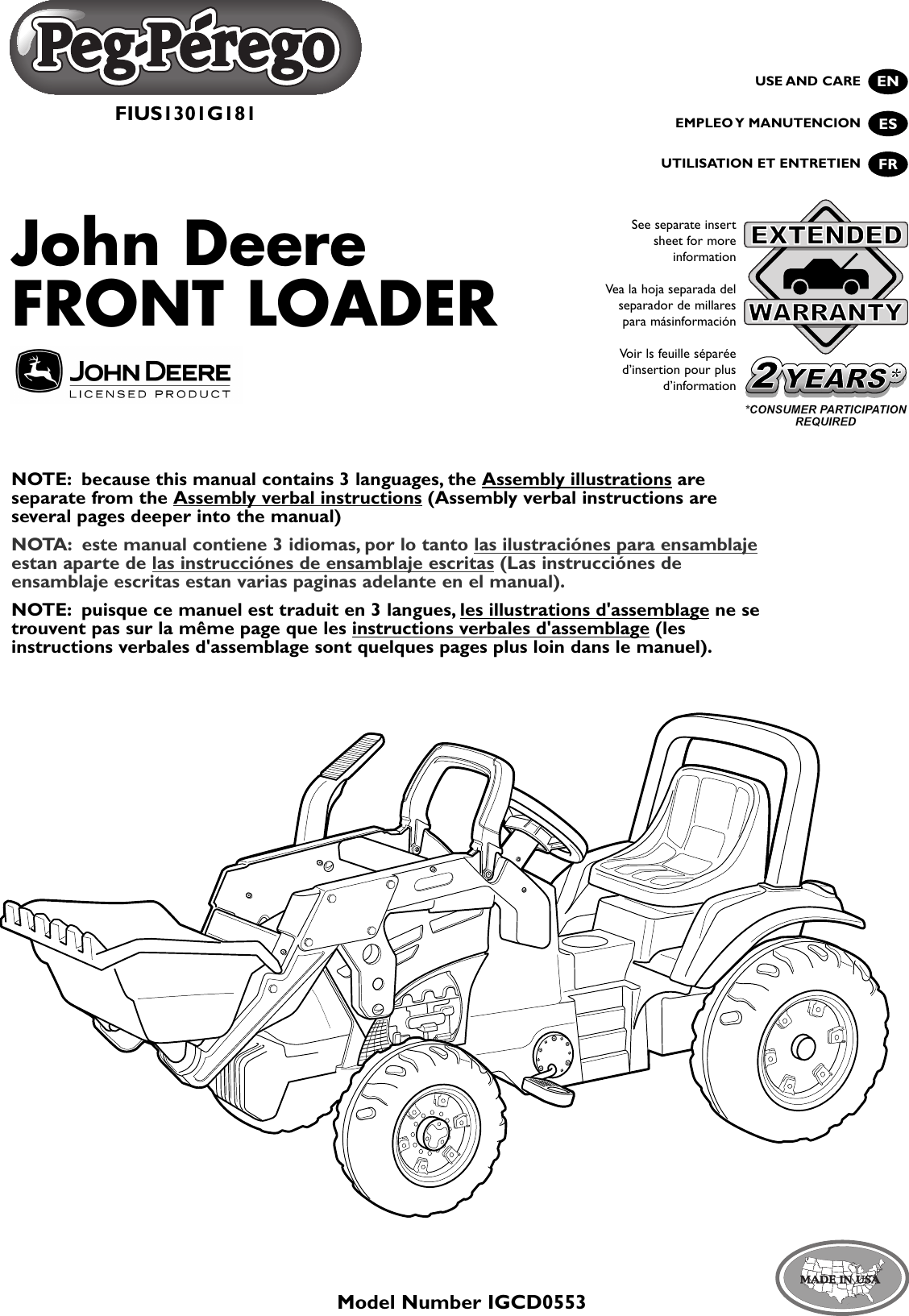 Peg Perego John Deere Front Loader Owners Manual JDfrontLOADER ...