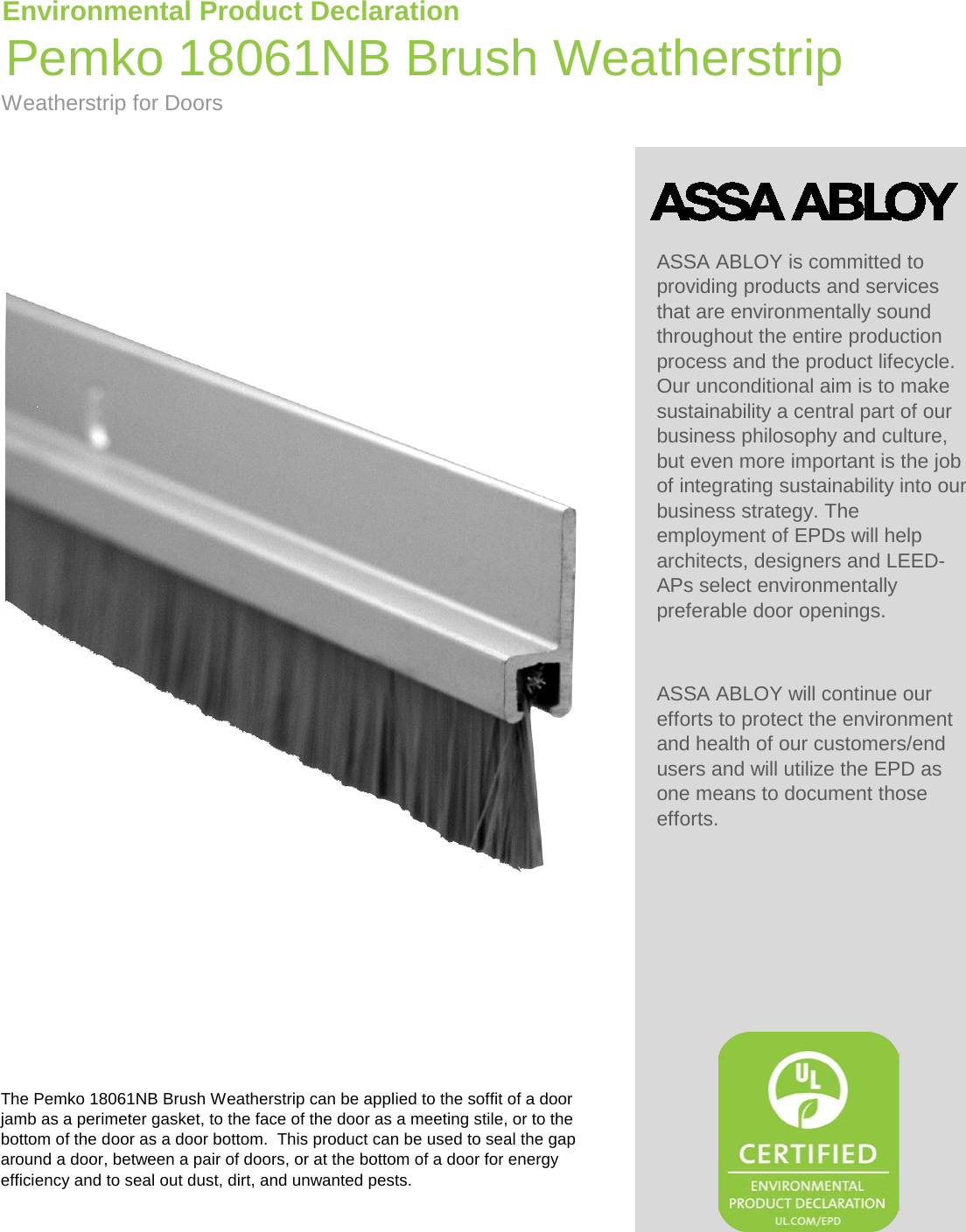 Pemko 18061NB Brush Weatherstrip Environmental Product Declaration (EPD ...